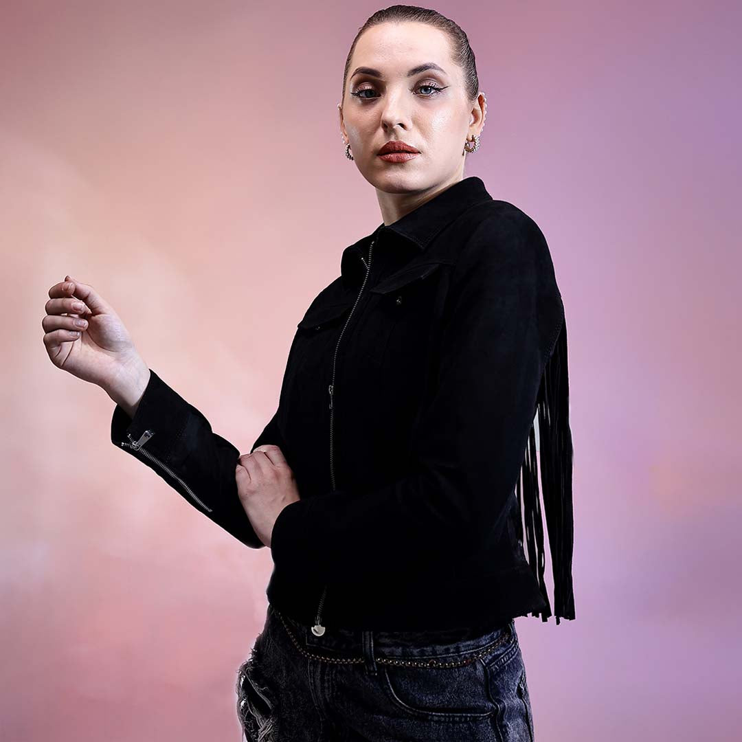 Saint Melanie Women Black Leather Fringe Jackets – SaintG India