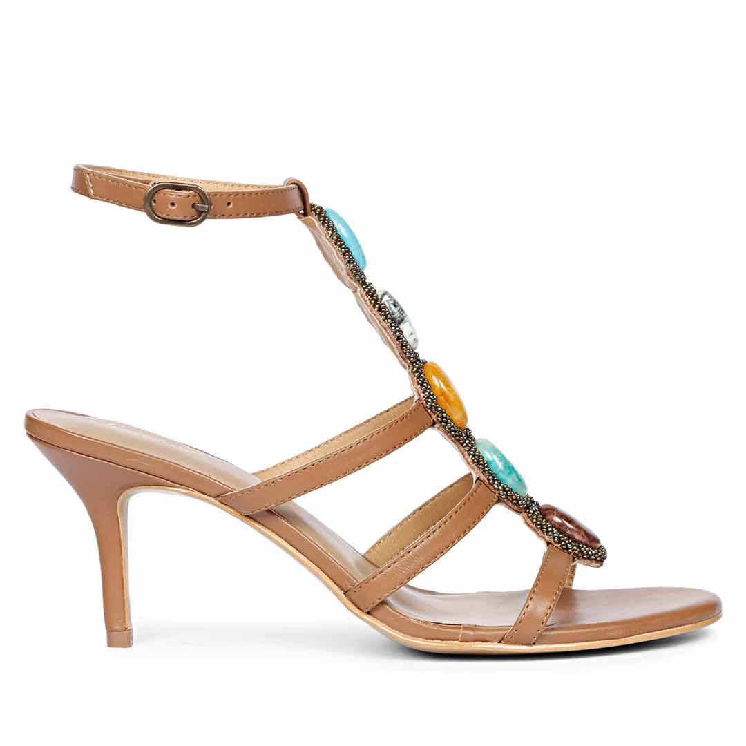 Saint Monroe Multi Stone Embellished Tan Leather Stilettos – SaintG India