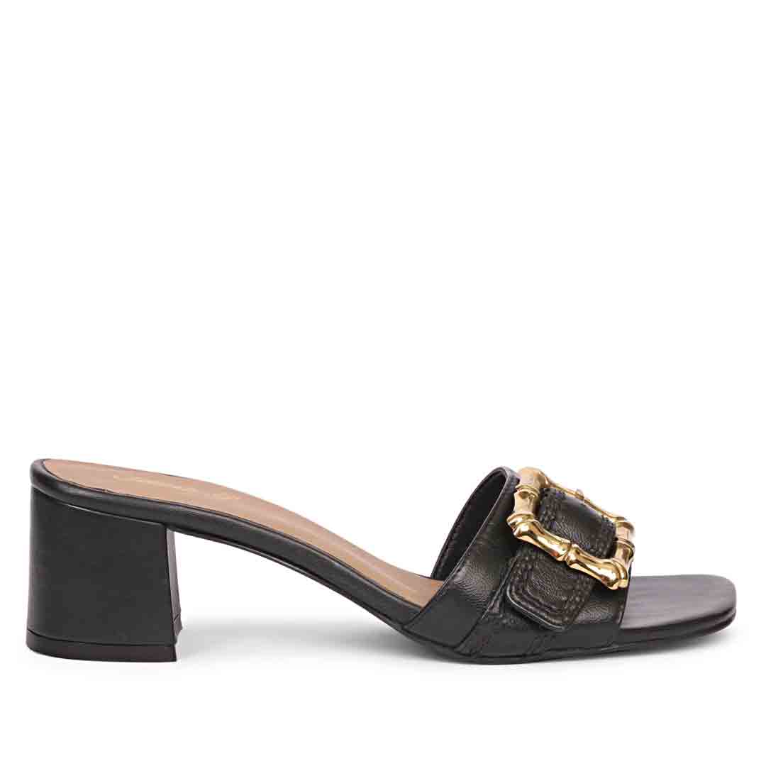 Saint Flavia Gold Square Buckle Leather Block Heels – SaintG India