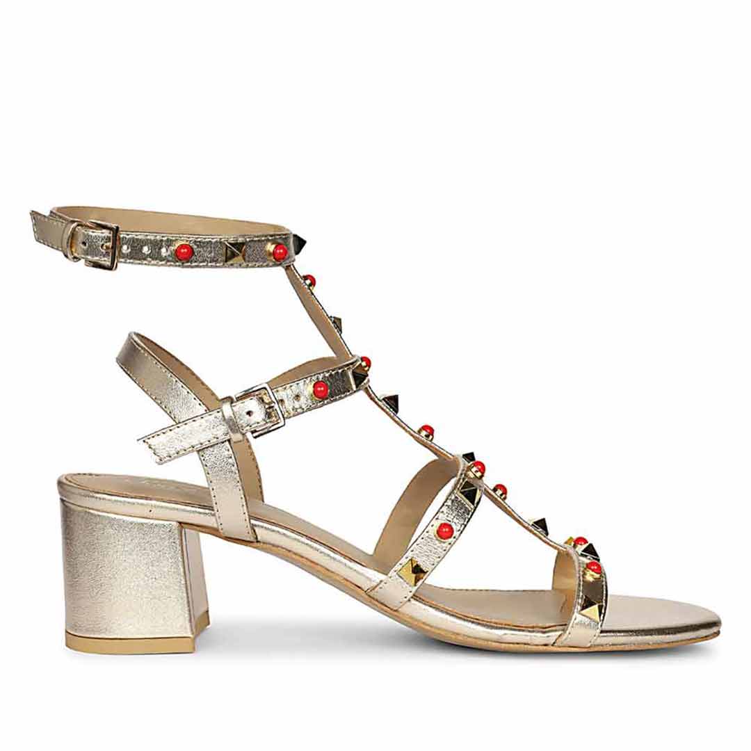Buy Women Lucien Gold Leather Studded Gladiator Block Heels Online ...