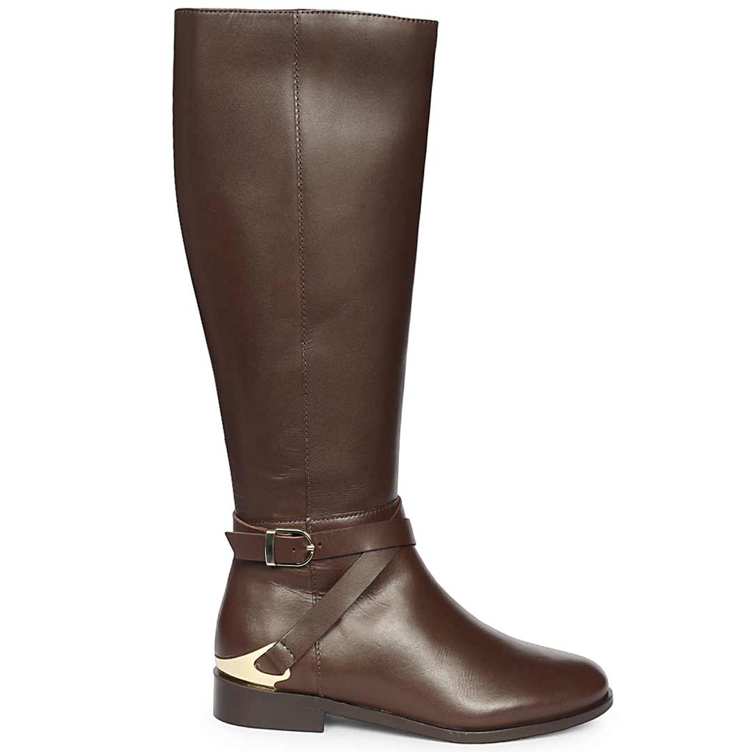 Saint Damaris Brown Leather Buckle Decor Knee High Boots – SaintG India