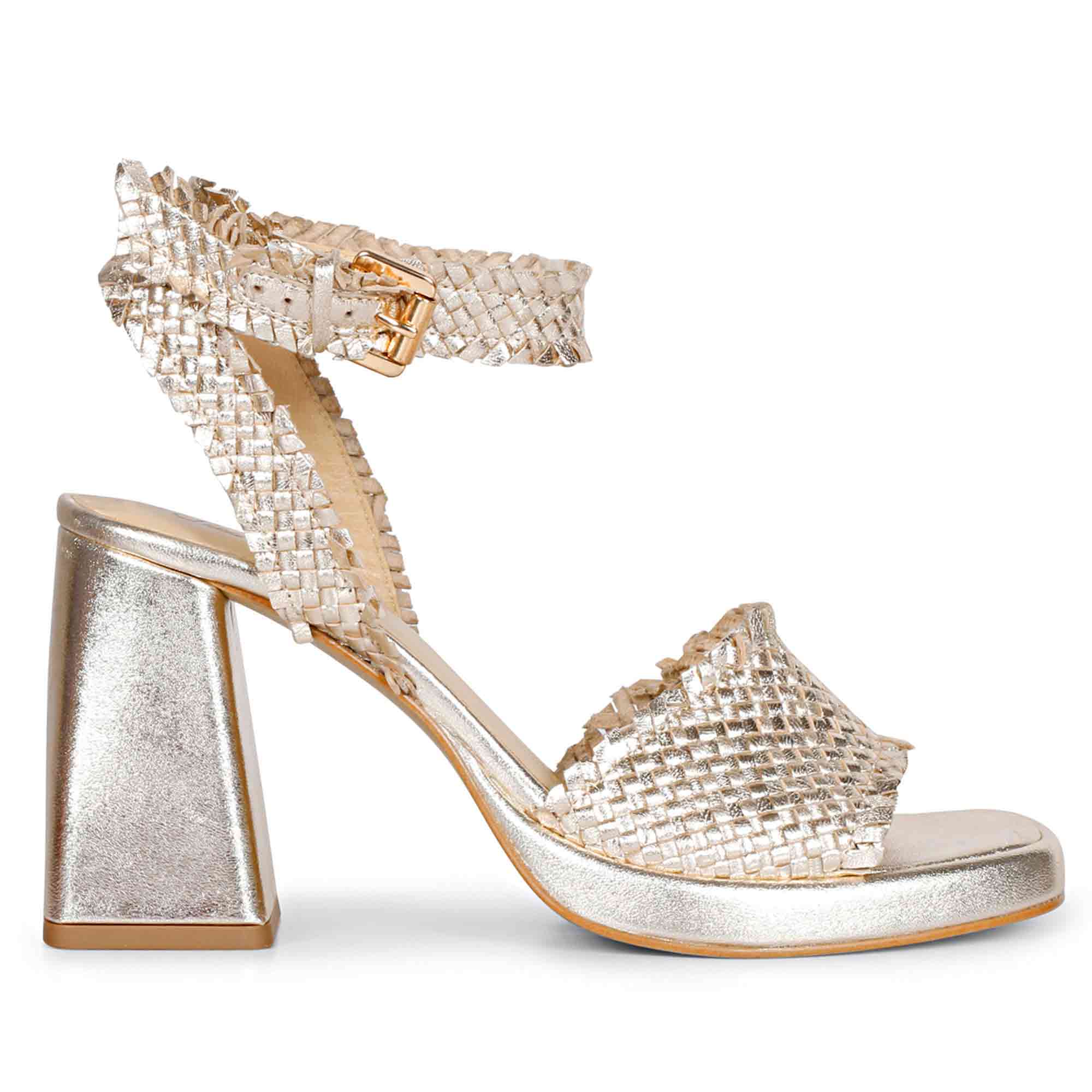 Saint Hannah Metallic Gold Hand Woven Leather Block Heels – SaintG India